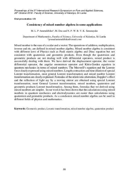 (PDF) Mixed Number Algebra in Physics Applications
