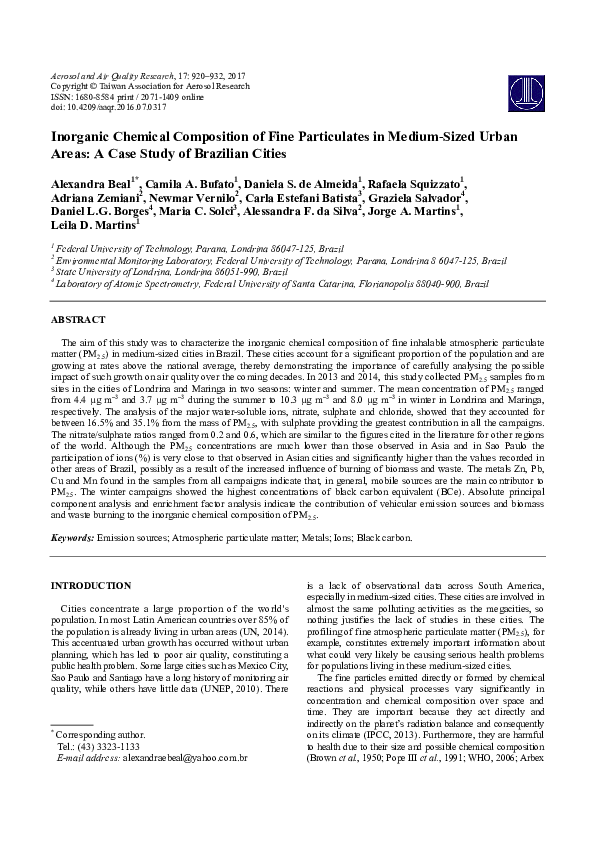 (PDF) Inorganic Chemical Composition of Fine Particulates in Medium ...