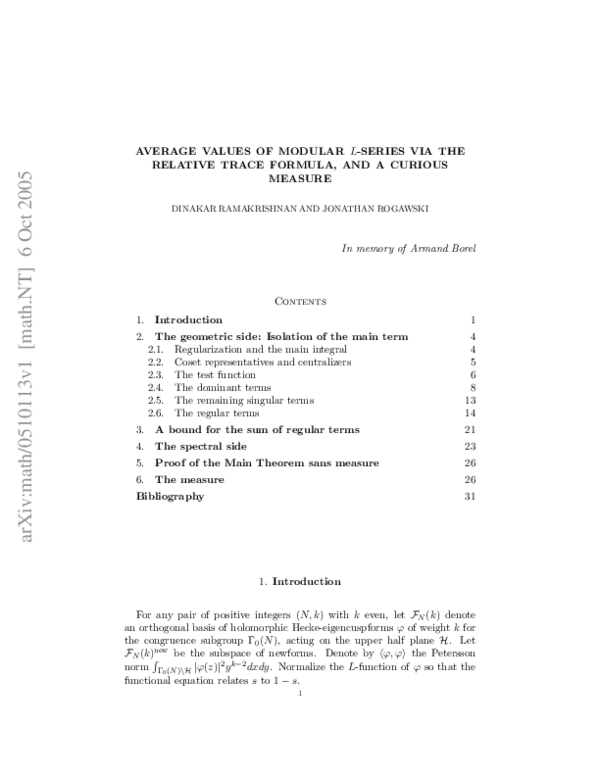(PDF) Average values of modular L-series via the relative trace formula ...