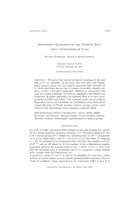 (PDF) Arithmetic quotients of the complex ball and a conjecture of Lang
