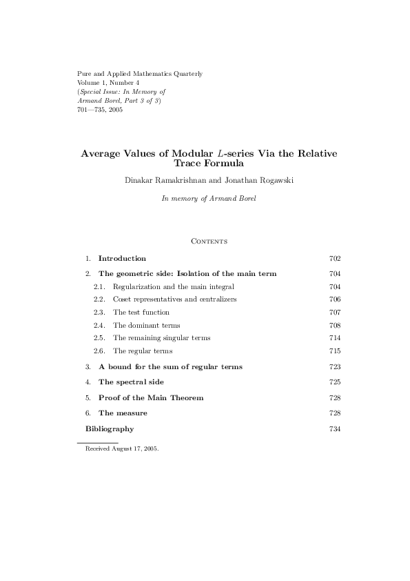 (PDF) Average Values of Modular L-series Via the Relative Trace Formula