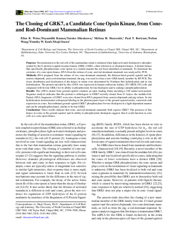 (PDF) The cloning of GRK7, a candidate cone opsin kinase, from cone ...