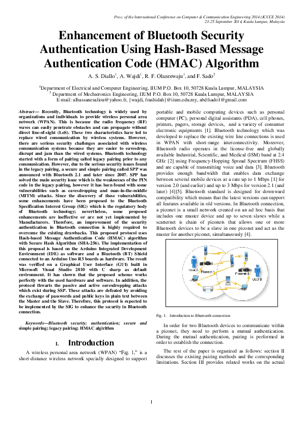 (PDF) Enhancement of Bluetooth Security Authentication Using Hash-Based ...