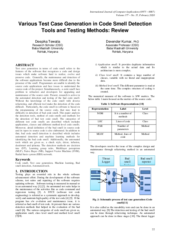 (PDF) Various Test Case Generation in Code Smell Detection Tools and ...