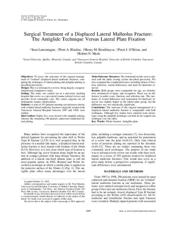 (PDF) Surgical Treatment of a Displaced Lateral Malleolus Fracture: The ...