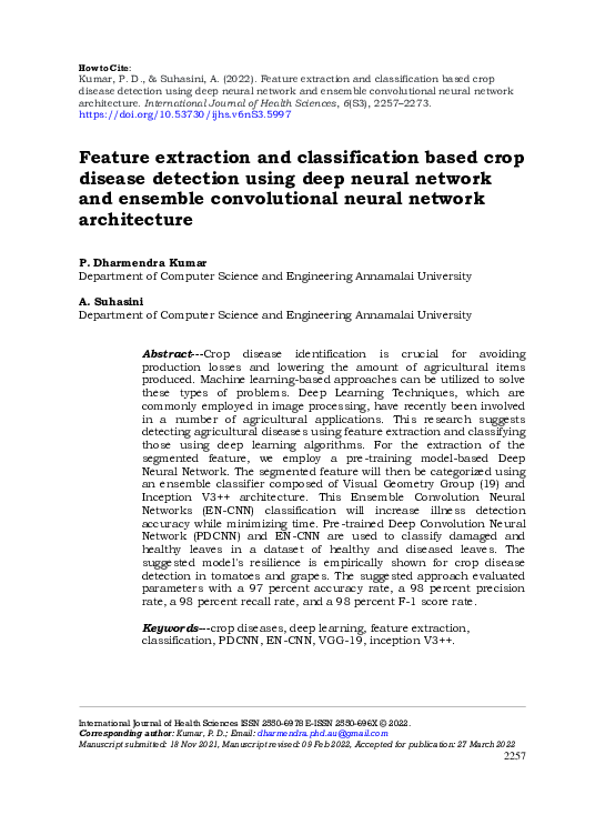 Pdf Feature Extraction And Classification Based Crop Disease Detection Using Deep Neural