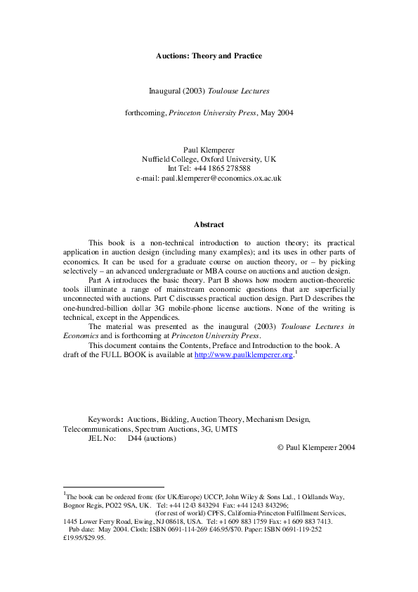 (PDF) Auctions: Theory and Practice
