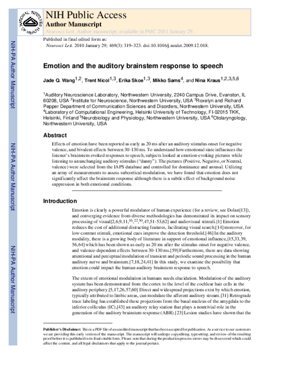 (PDF) Emotion and the auditory brainstem response to speech