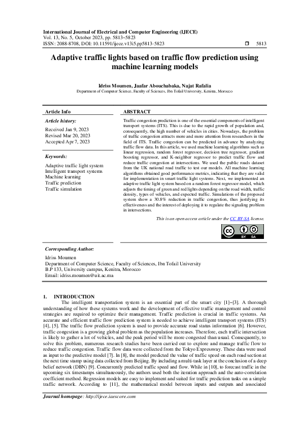 (PDF) Adaptive traffic lights based on traffic flow prediction using machine learning models