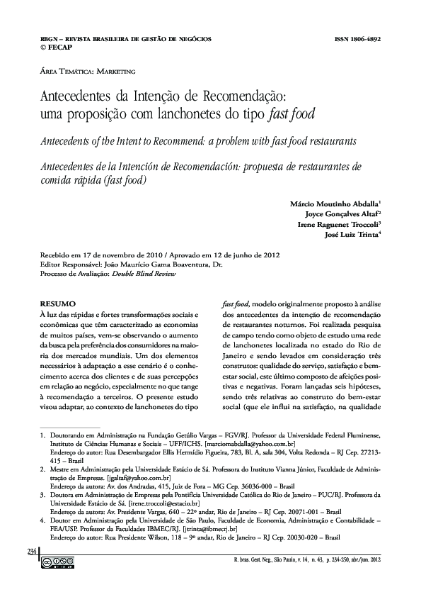 (PDF) Antecedents of the Intent to Recommend: a problem with fast food ...