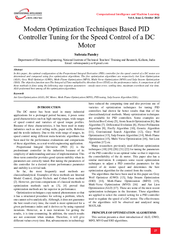 (PDF) Modern Optimization Techniques Based PID Controller Tuning for the Speed Control of a DC Motor