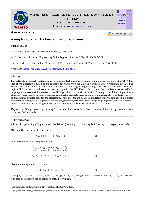 (PDF) A simplex approach for binary linear programming