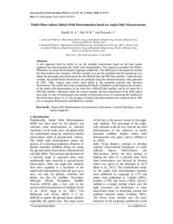 Pdf Multi Observations Initial Orbit Determination Based On Angle