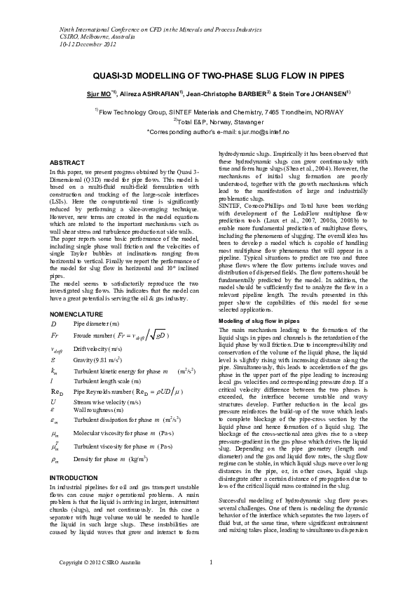 (PDF) Quasi-3D Modelling of Two-Phase Slug Flow in Pipes | Stein Tore Johansen - Academia.edu