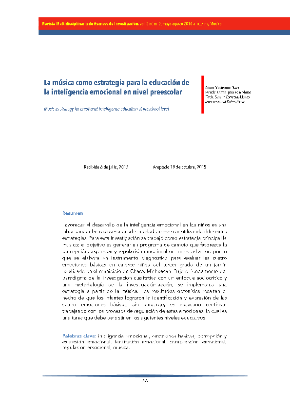 La música como estrategia para la educación de la inteligencia emocional en nivel preescolar