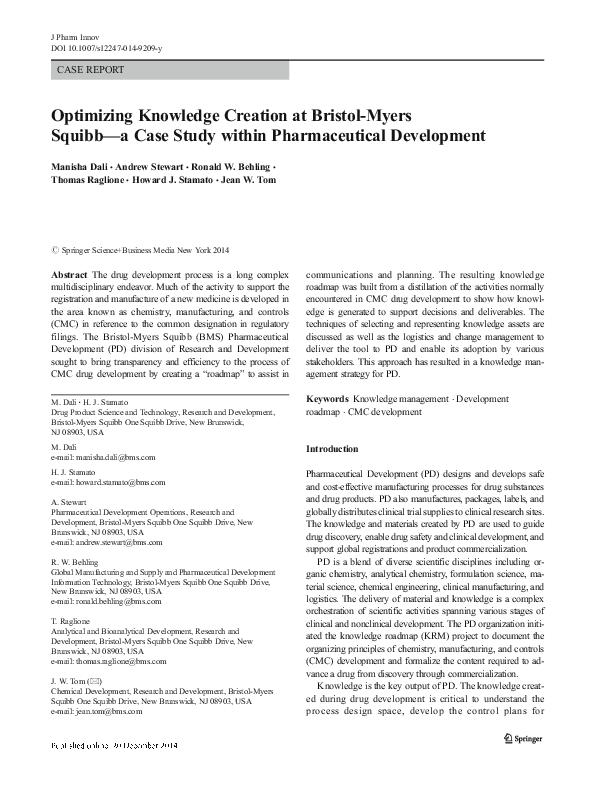 (PDF) Optimizing Knowledge Creation at Bristol-Myers Squibb—a Case Study within Pharmaceutical ...