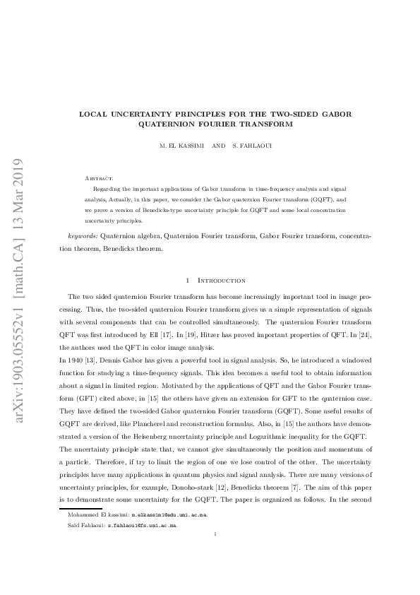 (PDF) Local uncertainty principles for the two-sided Gabor quaternion Fourier transform