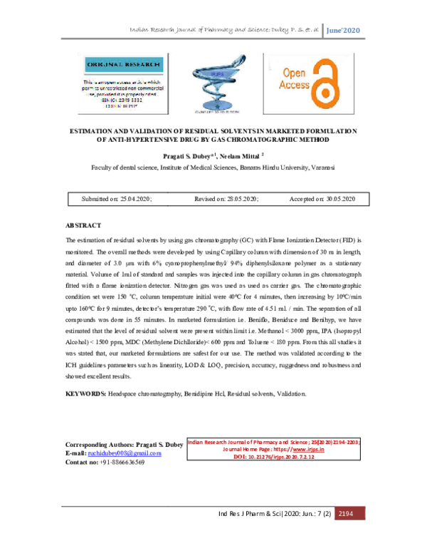 Pdf Estimation And Validation Of Residual Solvents In Marketed Formulation Of Anti