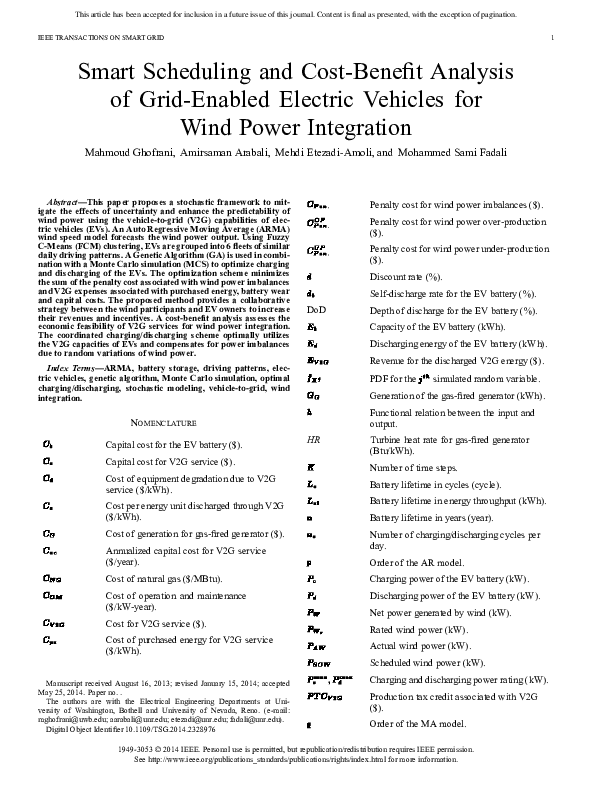 (PDF) Smart Scheduling and Cost-Benefit Analysis of Grid-Enabled Electric Vehicles for Wind ...