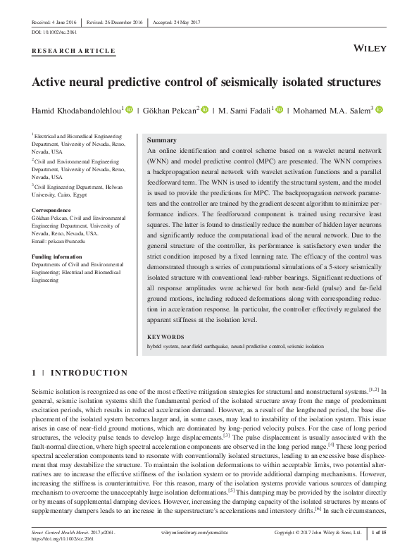(PDF) Active neural predictive control of seismically isolated structures | M. Fadali - Academia.edu