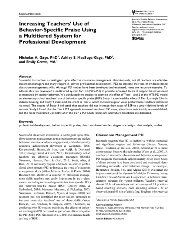 (PDF) Increasing Teachers’ Use of Behavior-Specific Praise Using a ...