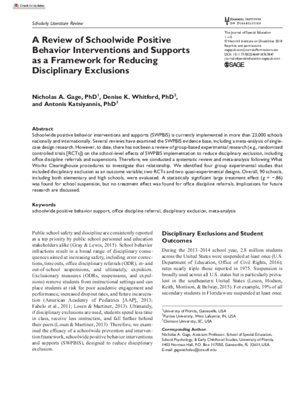(PDF) A Review of Schoolwide Positive Behavior Interventions and ...