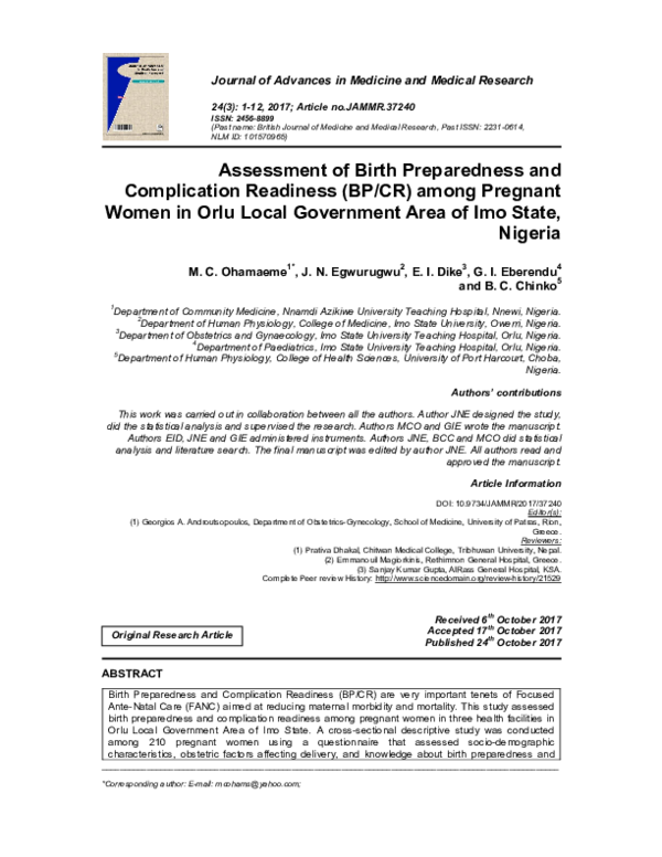 (PDF) Assessment of Birth Preparedness and Complication Readiness (BP ...