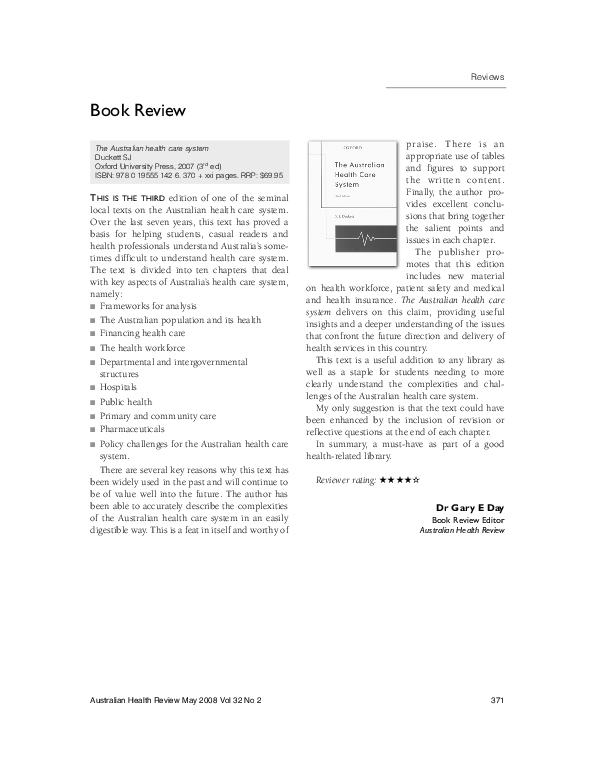 (PDF) Book Review: The Australian health care system