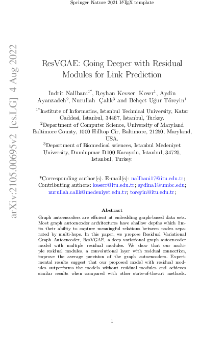 Pdf Representation Learning Using Graph Autoencoders With Residual Connections Aydin