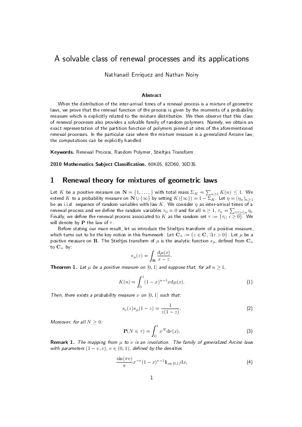 (PDF) A solvable class of renewal processes and its applications