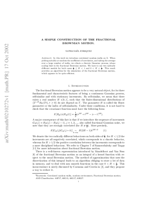 (PDF) A simple construction of the Fractional Brownian motion