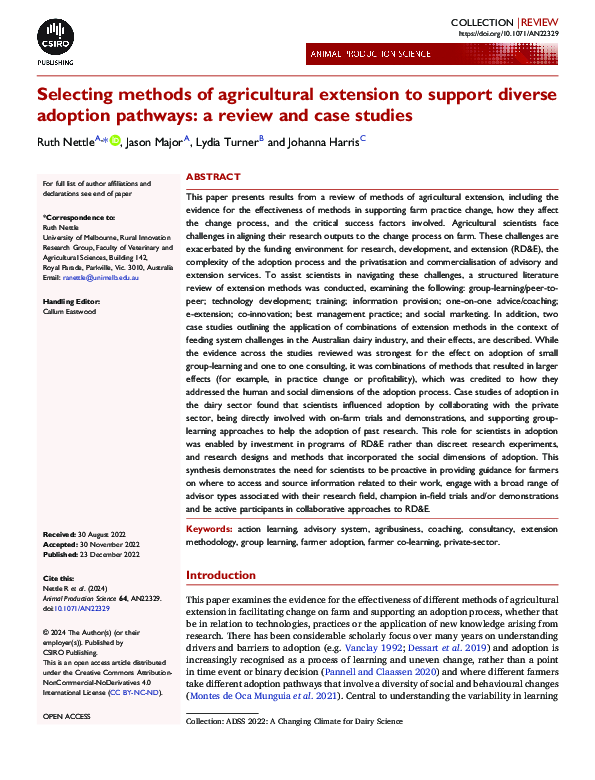(PDF) Selecting methods of agricultural extension to support diverse adoption pathways: a review ...