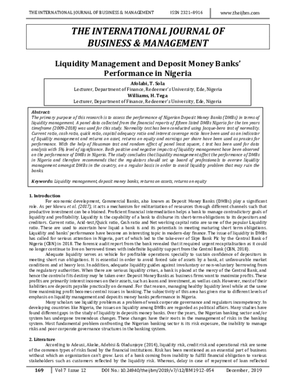 (PDF) Liquidity Management and Deposit Money Banks’ Performance in Nigeria
