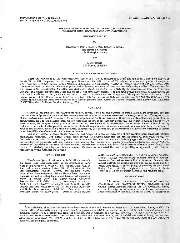 (PDF) Mineral resource potential map of the Cactus Spring Roadless Area ...