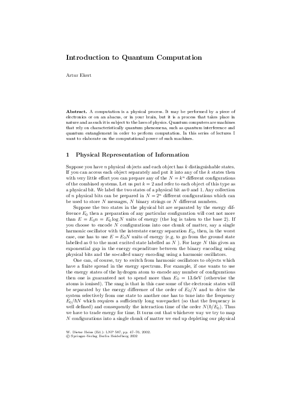 (PDF) Introduction to Quantum Computation