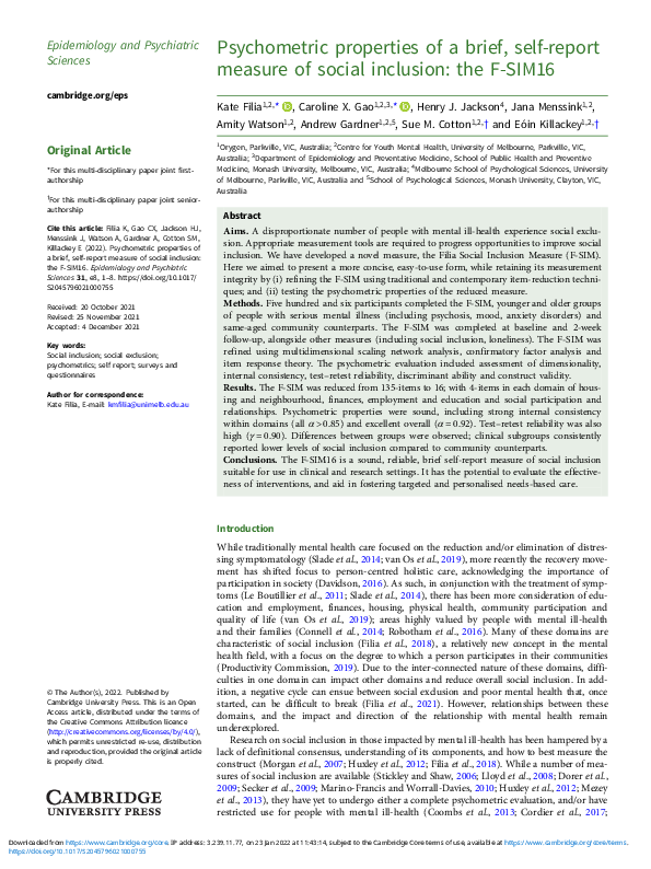(PDF) Psychometric properties of a brief, self-report measure of social ...