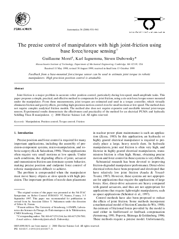 Pdf Control Of Manipulators With Joint Friction