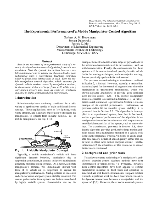 (PDF) The experimental performance of a mobile manipulator control algorithm