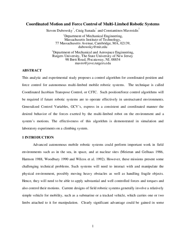 (PDF) Coordinated Motion and Force Control of Multi-Limbed Robotic Systems