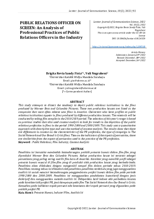 (PDF) Public Relations Officer on Screen: An Analysis of Professional ...
