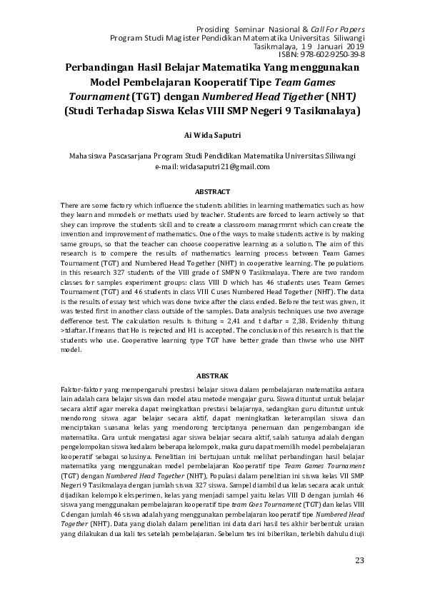 (PDF) Perbandingan Hasil Belajar Matematika Yang menggunakan Model Pembelajaran Kooperatif Tipe ...
