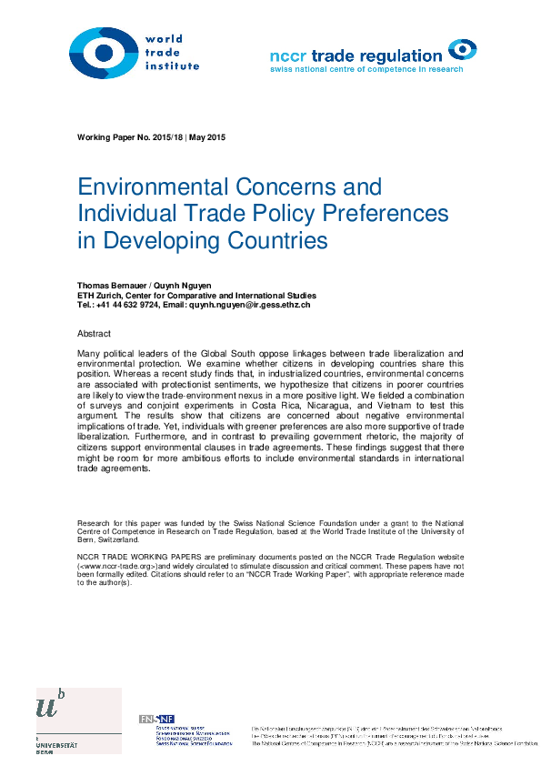 (PDF) Environmental Concerns and Individual Trade Policy Preferences in ...