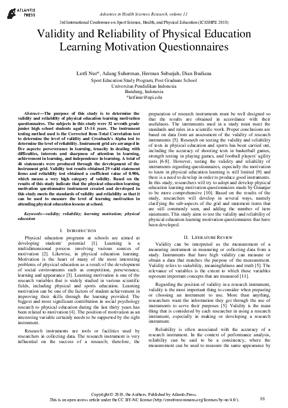 (PDF) Validity and Reliability of Physical Education Learning Motivation Questionnaires
