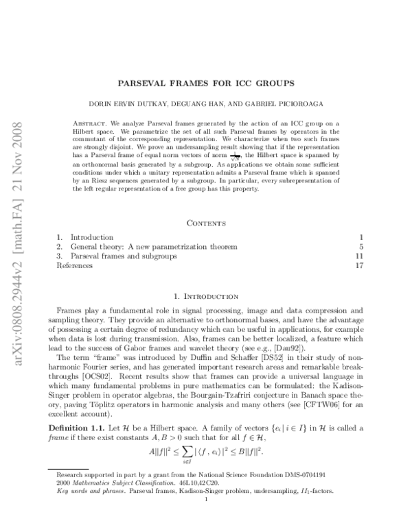 (PDF) Parseval frames for ICC groups