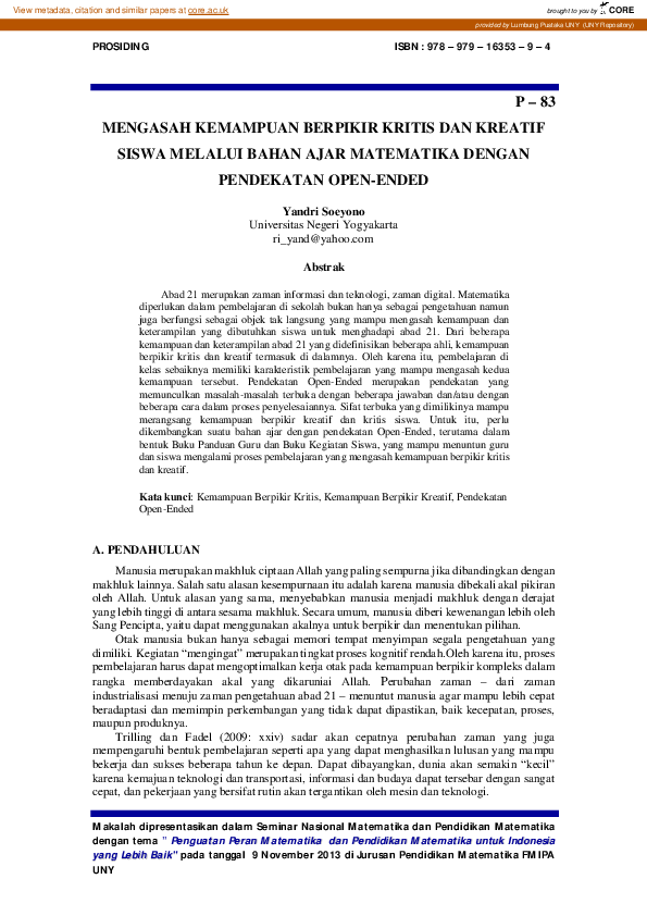 (PDF) Mengasah Kemampuan Berpikir Kritis Dan Kreatif Siswa Melalui Bahan Ajar Matematika Dengan ...