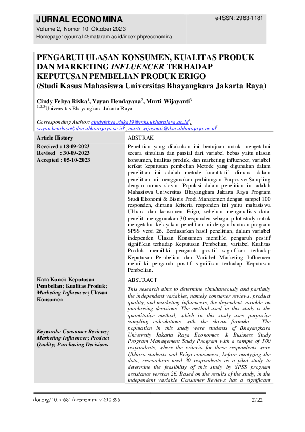 (PDF) PENGARUH ULASAN KONSUMEN, KUALITAS PRODUK DAN MARKETING INFLUENCER TERHADAP KEPUTUSAN ...