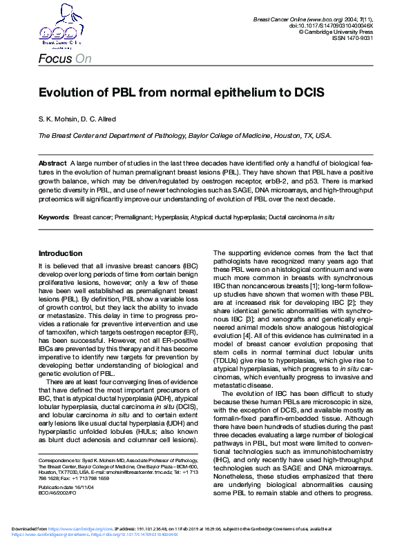 (PDF) Evolution of PBL from normal epithelium to DCIS