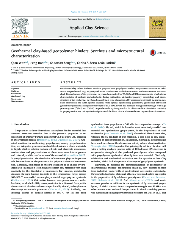 (PDF) Geothermal clay-based geopolymer binders: Synthesis and ...