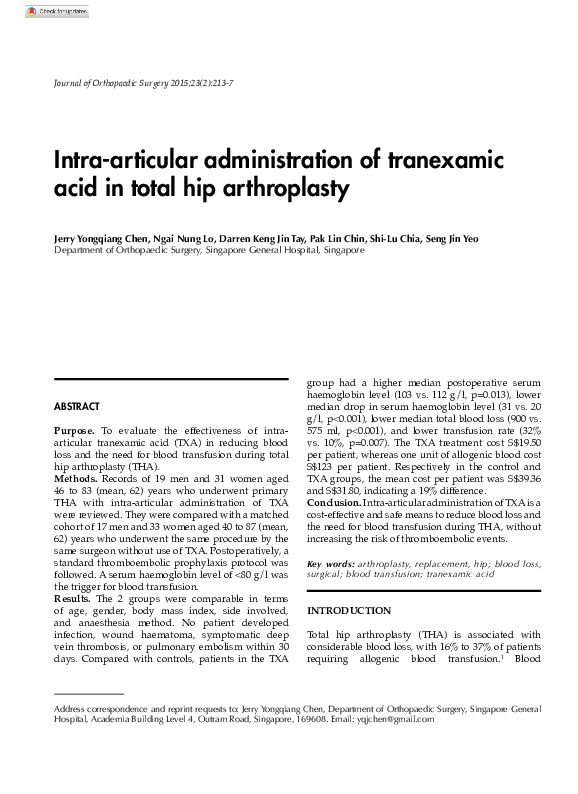 (PDF) Intra-articular administration of tranexamic acid in total hip ...