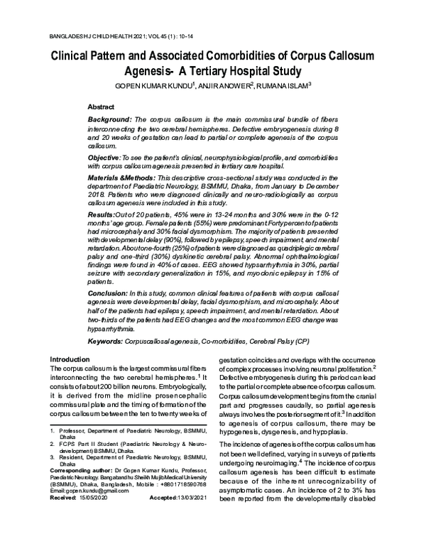 (PDF) Clinical Pattern and Associated Comorbidities of Corpus Callosum ...